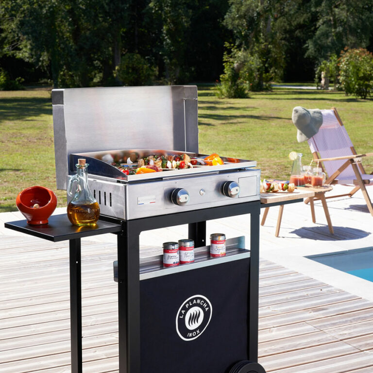La plancha inox gaz Duo sur desserte Le Marquier